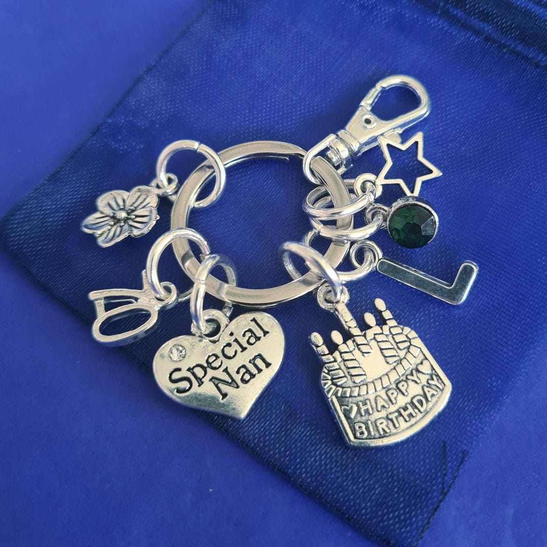 70th Birthday Keyring for Nan Initial & Birthstone, Silver Plated ...