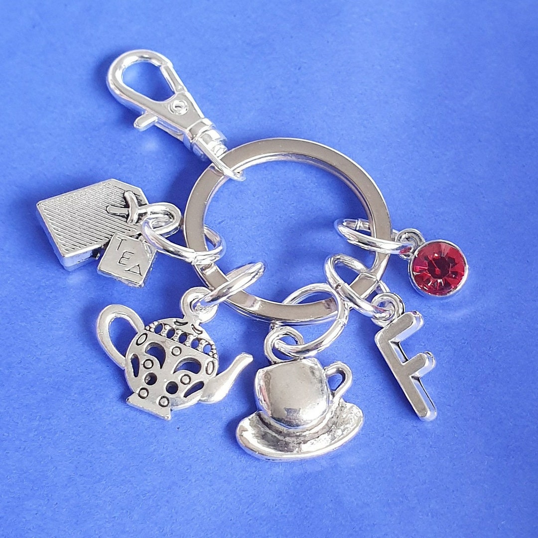 Tea Keyring With Initial Birthstone Personalised Tea Drinker Tea Gifts ...