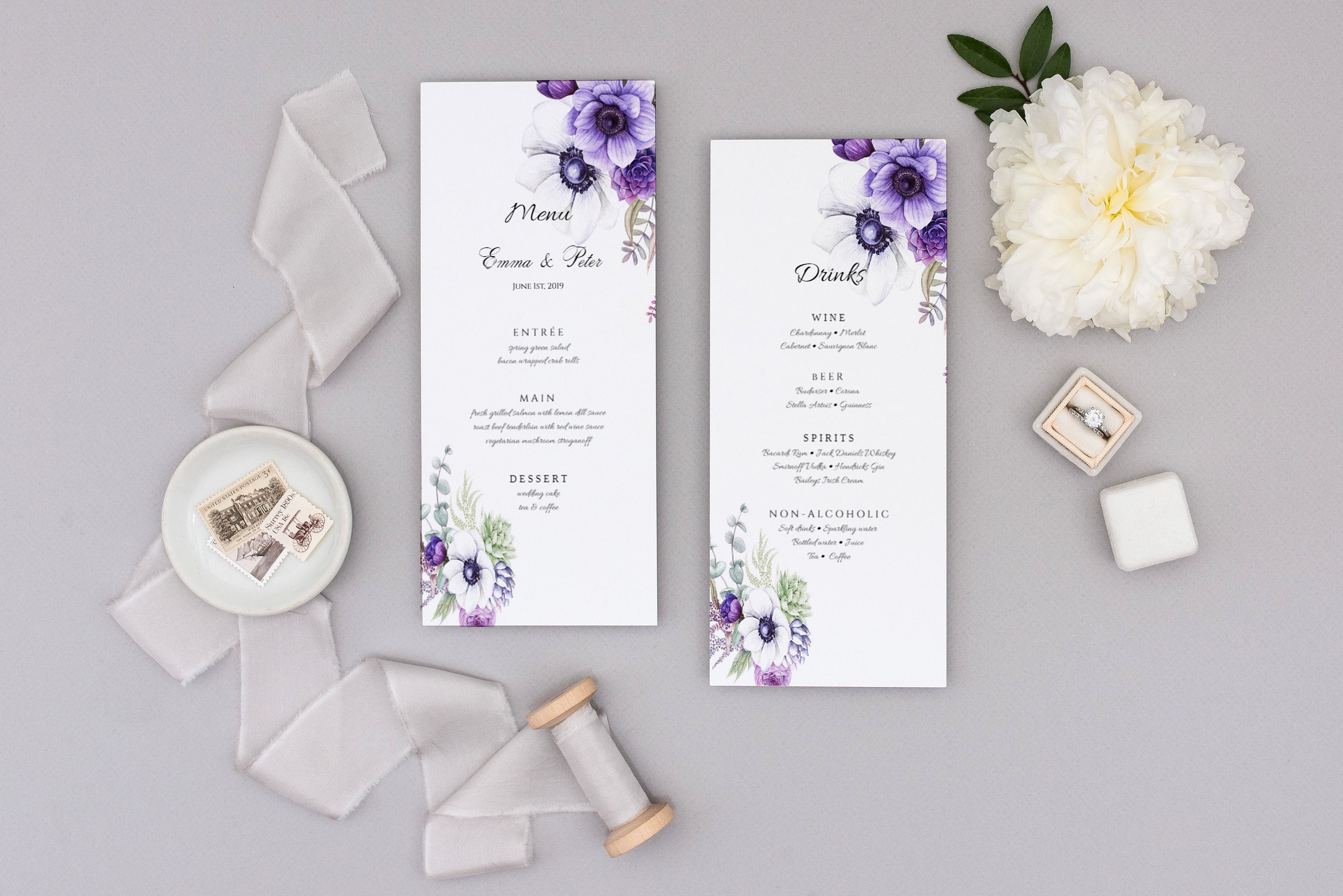 Purple Wedding Menu, Drinks Template Set, Instant Download, Fully ...