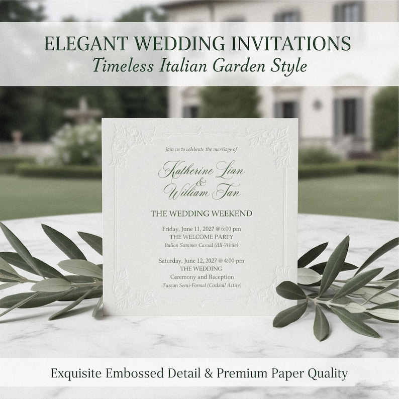 Tuscan Wedding Invitation | Embossed Green Letterpress Invite, Italian ...