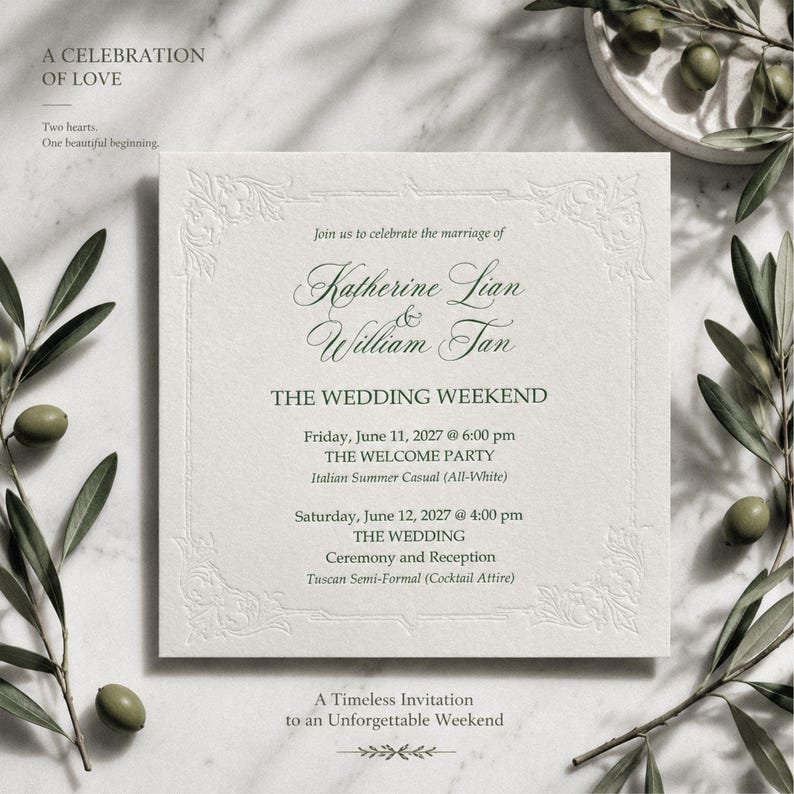 Tuscan Wedding Invitation | Embossed Green Letterpress Invite, Italian ...