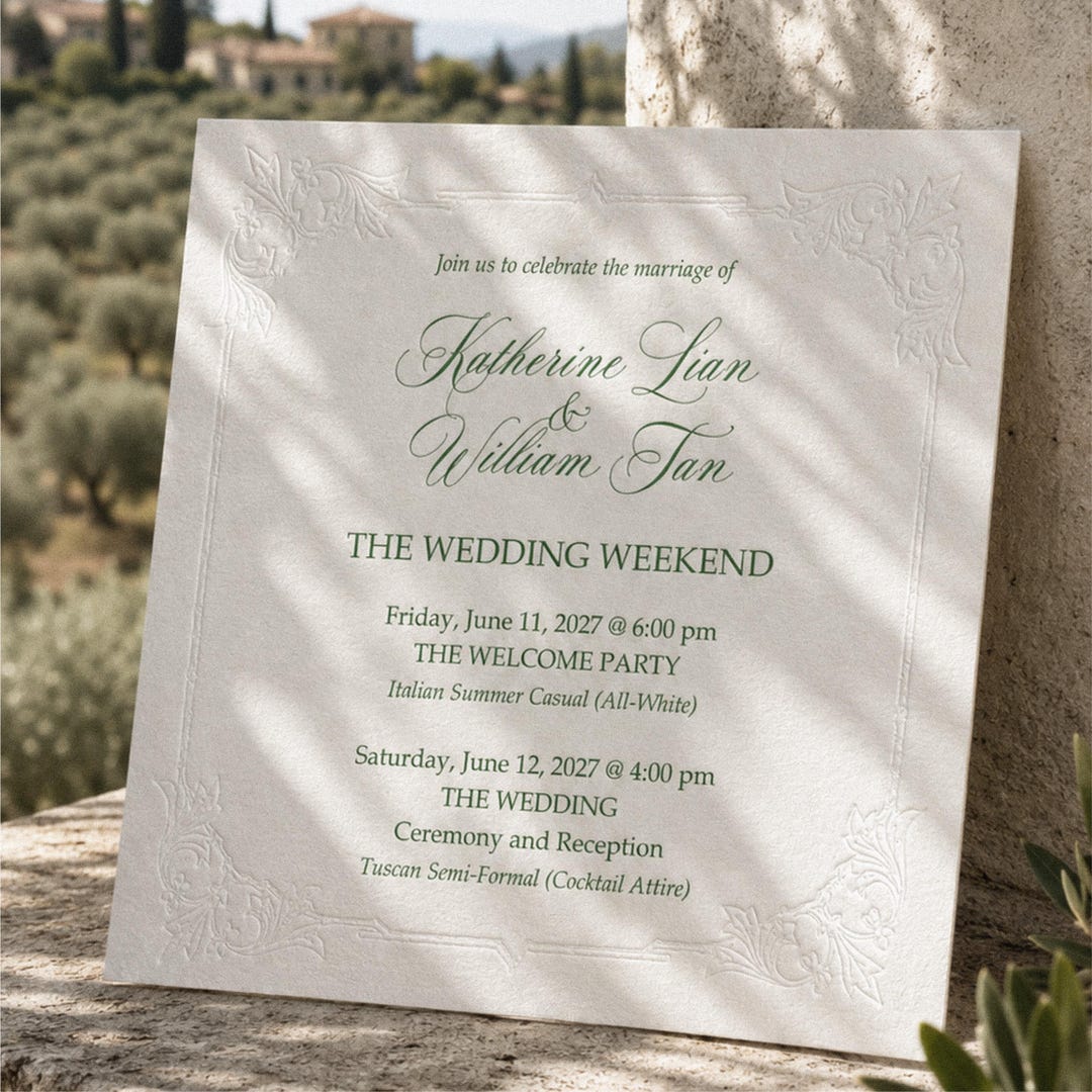 Tuscan Wedding Invitation | Embossed Green Letterpress Invite, Italian ...