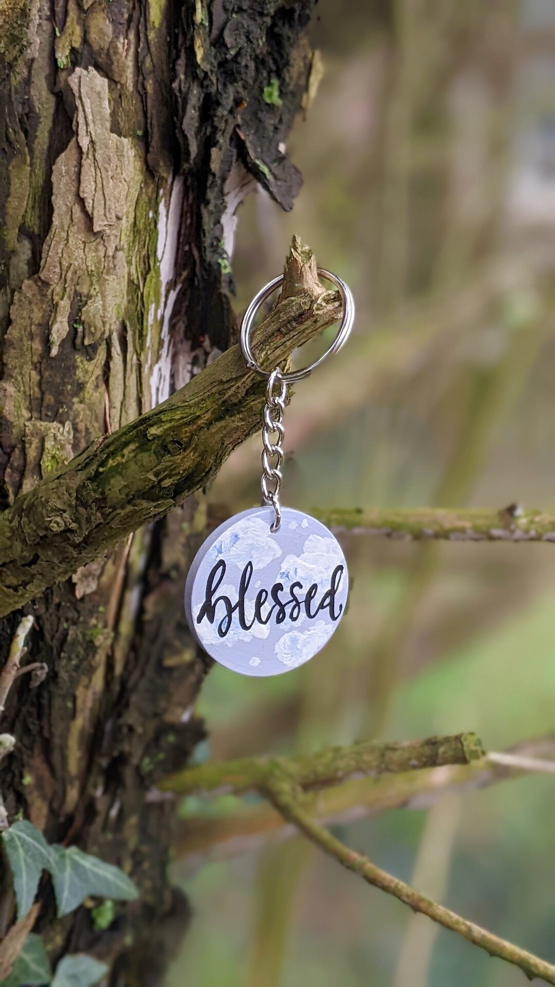 Blessed Keychain, Hand Painted Wooden Key Ring, Light Blue Sky & Clouds ...
