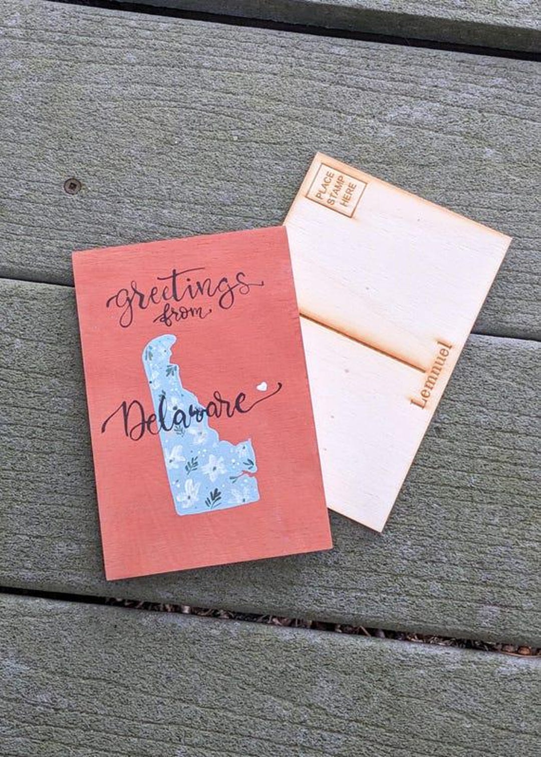 Hand Painted Wooden Greeting Card, Delaware State Shape, Floral ...