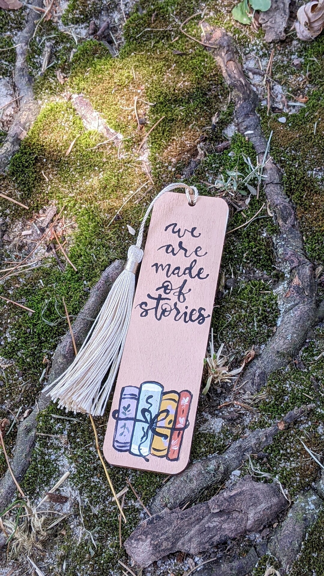 Hand Painted Wooden Bookmark, Stack of Books Design and We Are Made of ...
