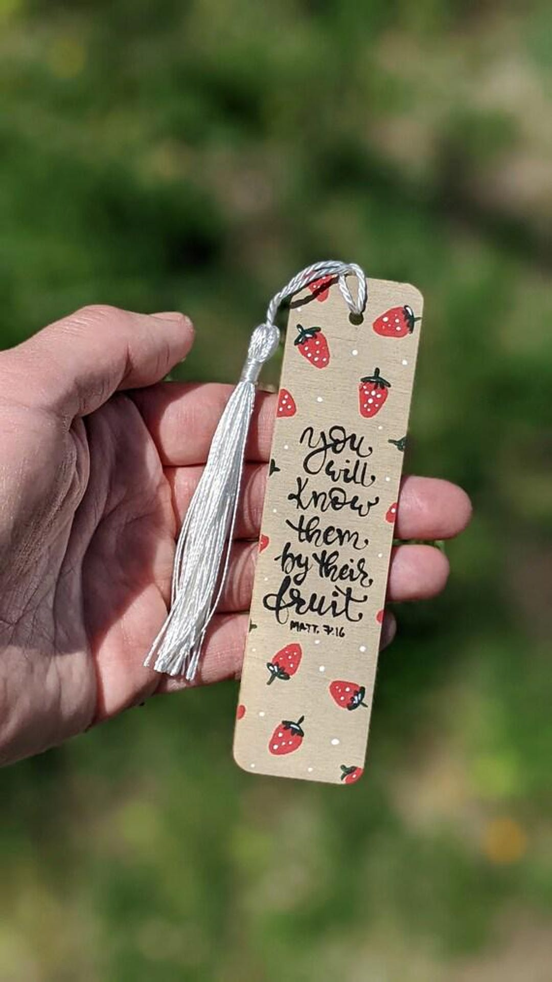 Bible Verse Art Painted Bookmark, Strawberry Themed, Wooden Faith Decor ...
