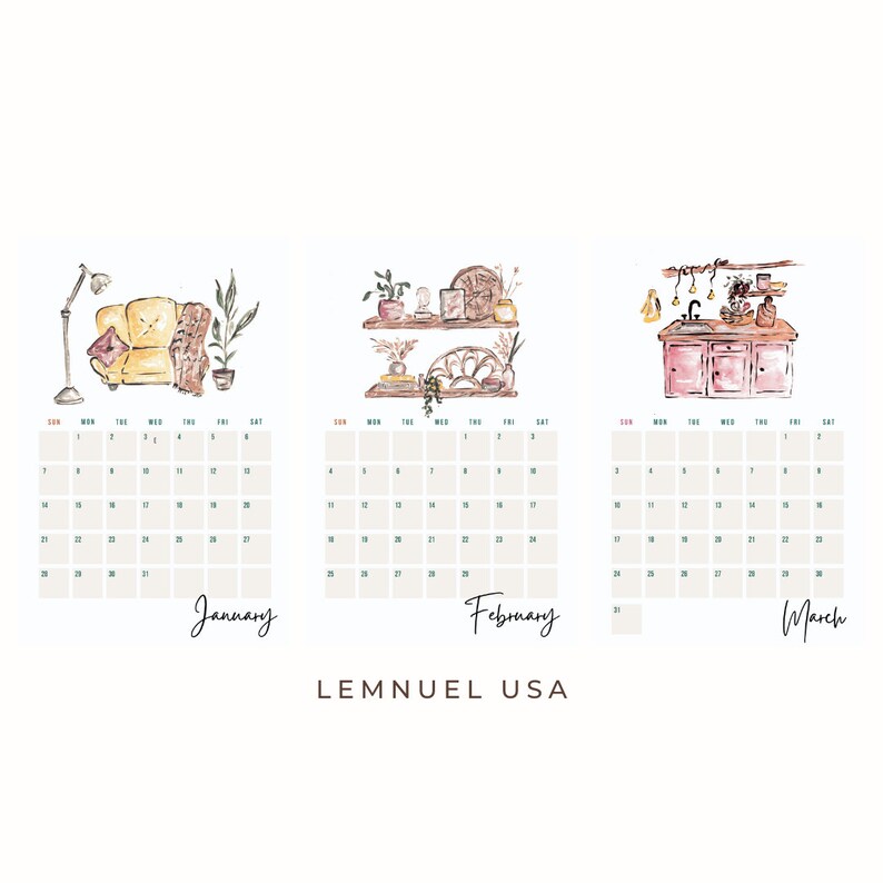 Calendario 2024 Arte digital imprimible Ilustraciones originales con ...
