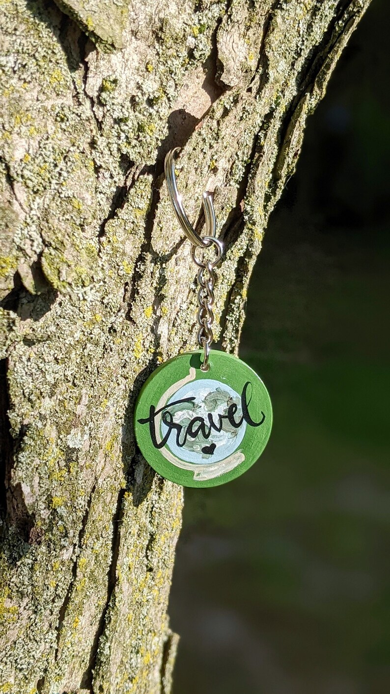 Travel Keychain World Map Globe, Hand Painted Wooden Accessory ...
