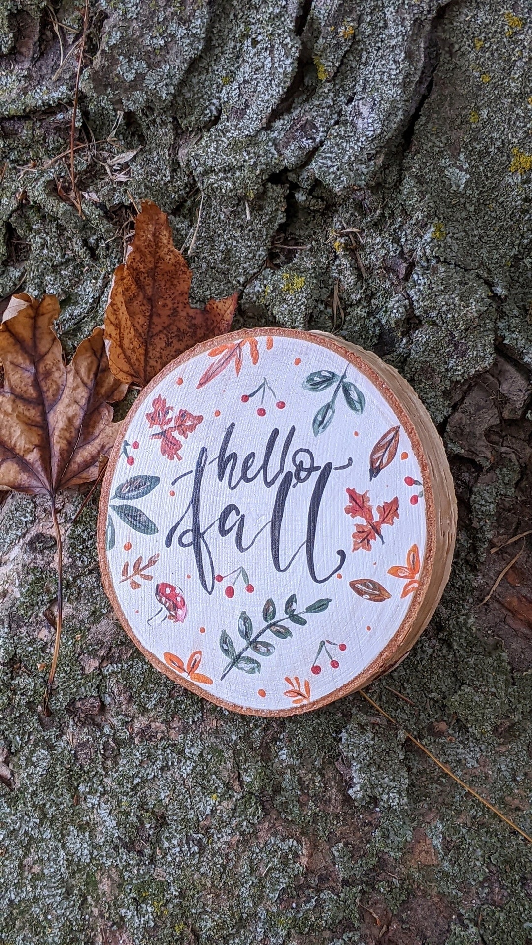 Hello Fall Wood Slice Art, Hand Painted Wooden Coaster Autumn Leaves ...