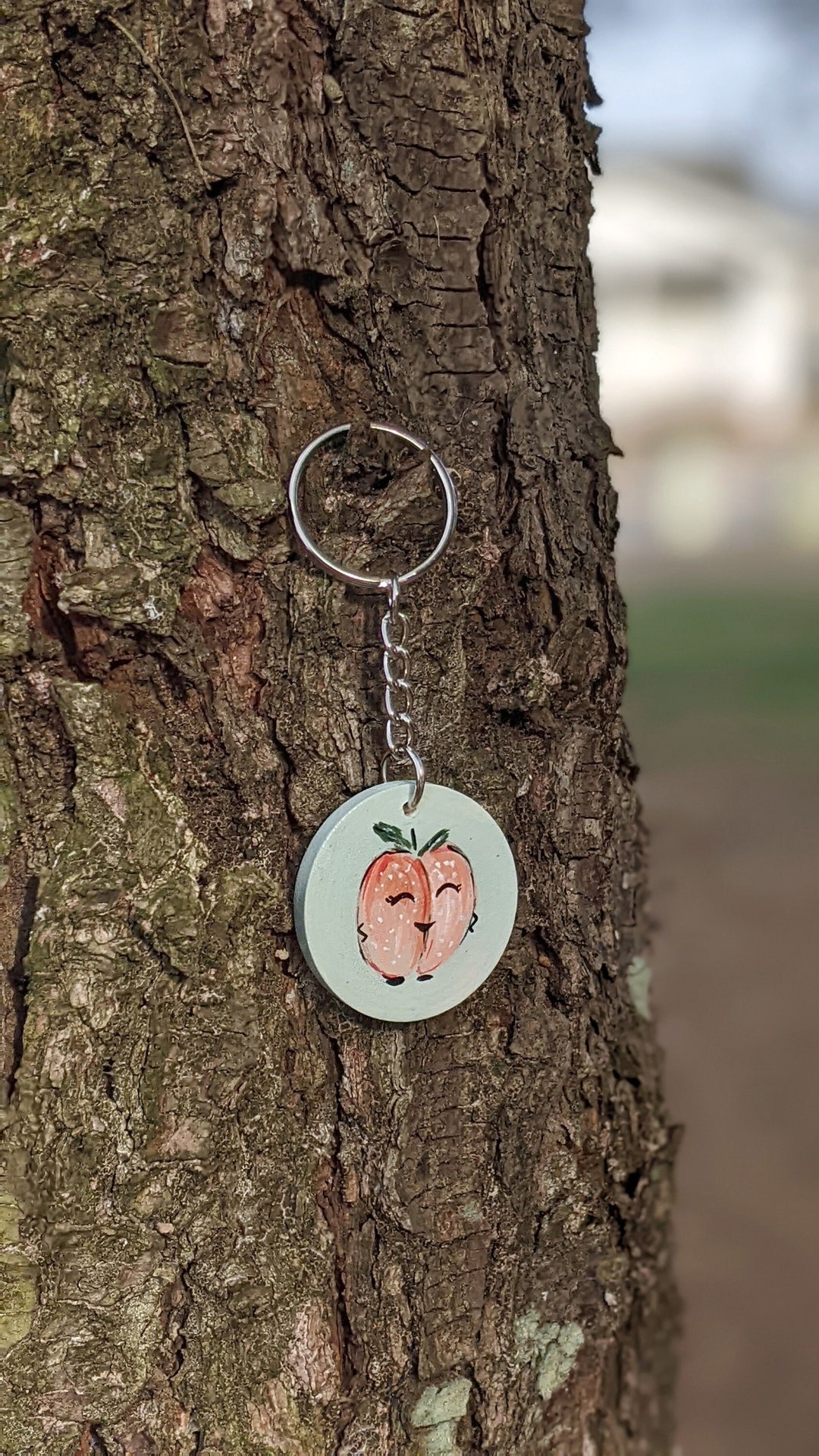 Cute Peach Art Wooden Keychain Hand Painted Acrylic, Glossy Finish ...