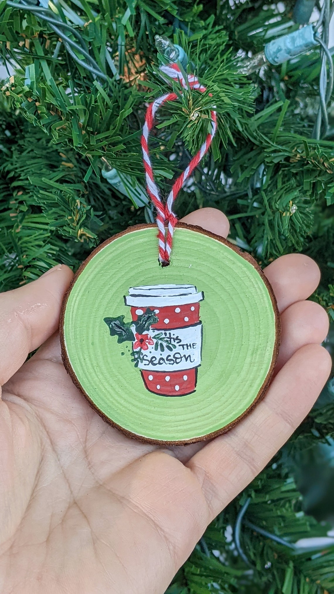 Coffee Cup Ornament Christmas Decoration, Hand Painted Wood Slice Art ...