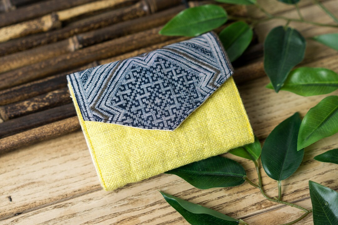 Hmong Batik Hemp Compact Purse | Yellow & Indigo Wallet - Etsy