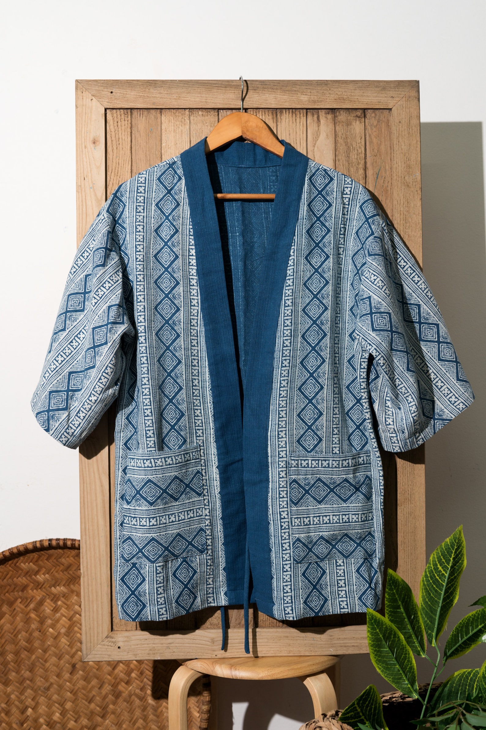 Kendo Jacket Japanese Unisex Overcoat, Blue Block Printing Fabrics ...
