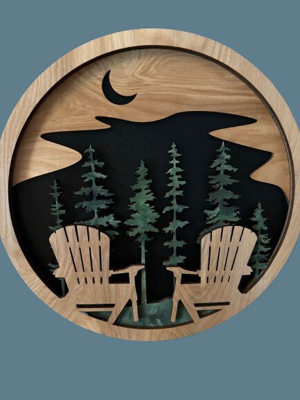 Laser Carved Wood 3D Scene - Wall Decor - Wood Adirondack Chairs Trees ...