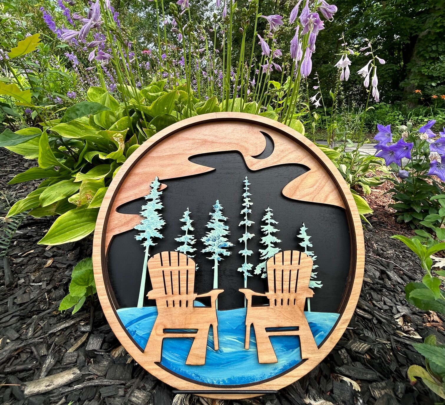 Laser Carved Wood 3D Scene - Wall Decor - Wood Adirondack Chairs Trees ...