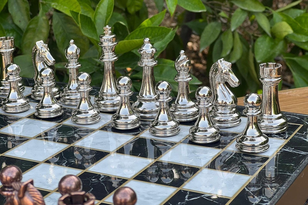 Wood Chess Board and Metal Chess Pieces - Custom Chess Set Anniversary ...