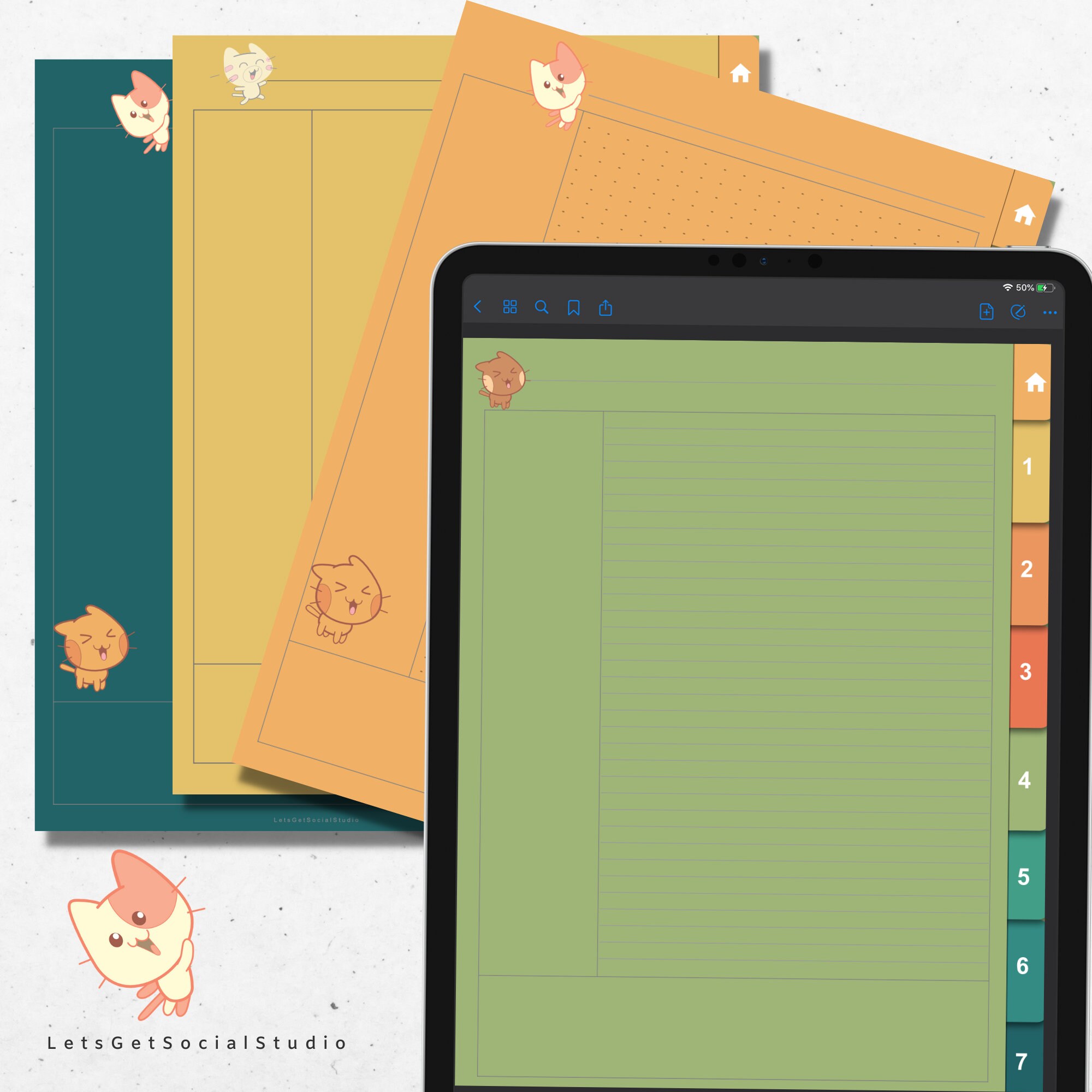 Cute Cat 7 Tab Digital Notebook Digital Cornell Notes - Etsy