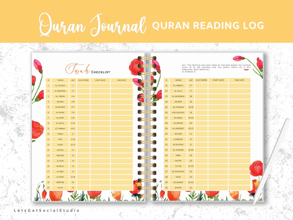 Quran Journal With Watercolor Flowers Quran Study and Reflection ...