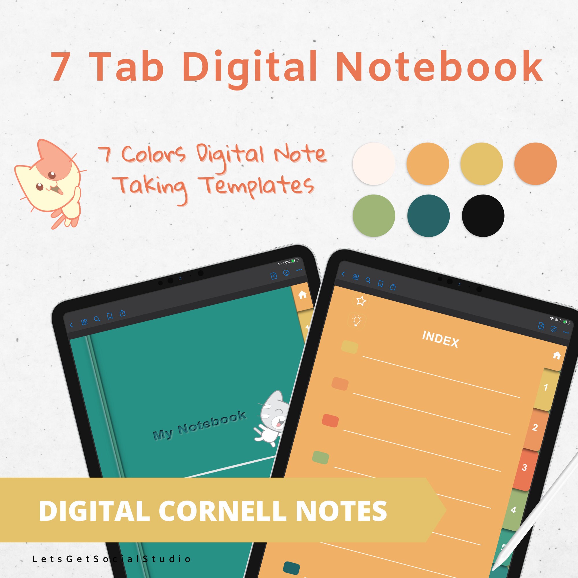 Cute Cat 7 Tab Digital Notebook Digital Cornell Notes - Etsy