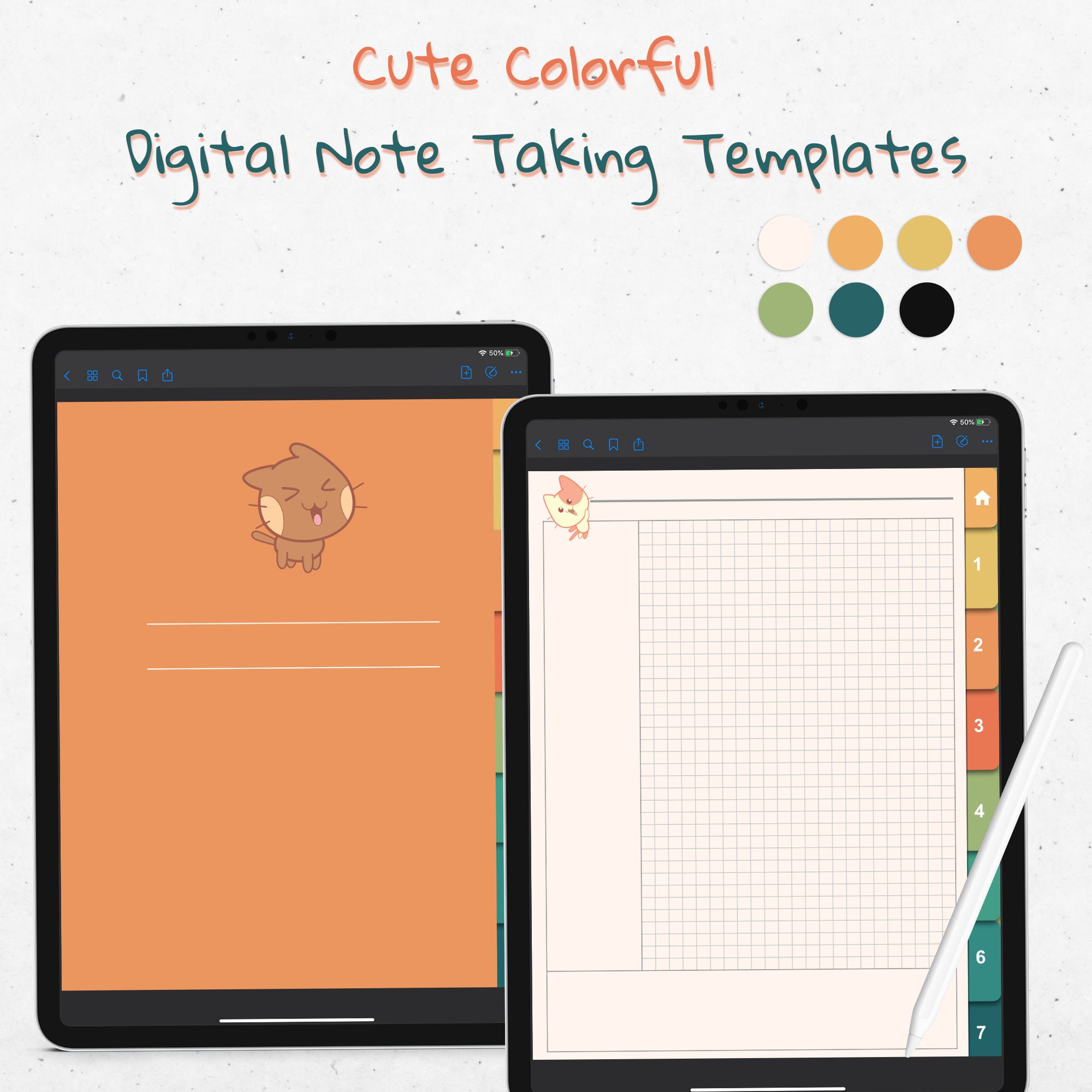 Cute Cat 7 Tab Digital Notebook Digital Cornell Notes - Etsy