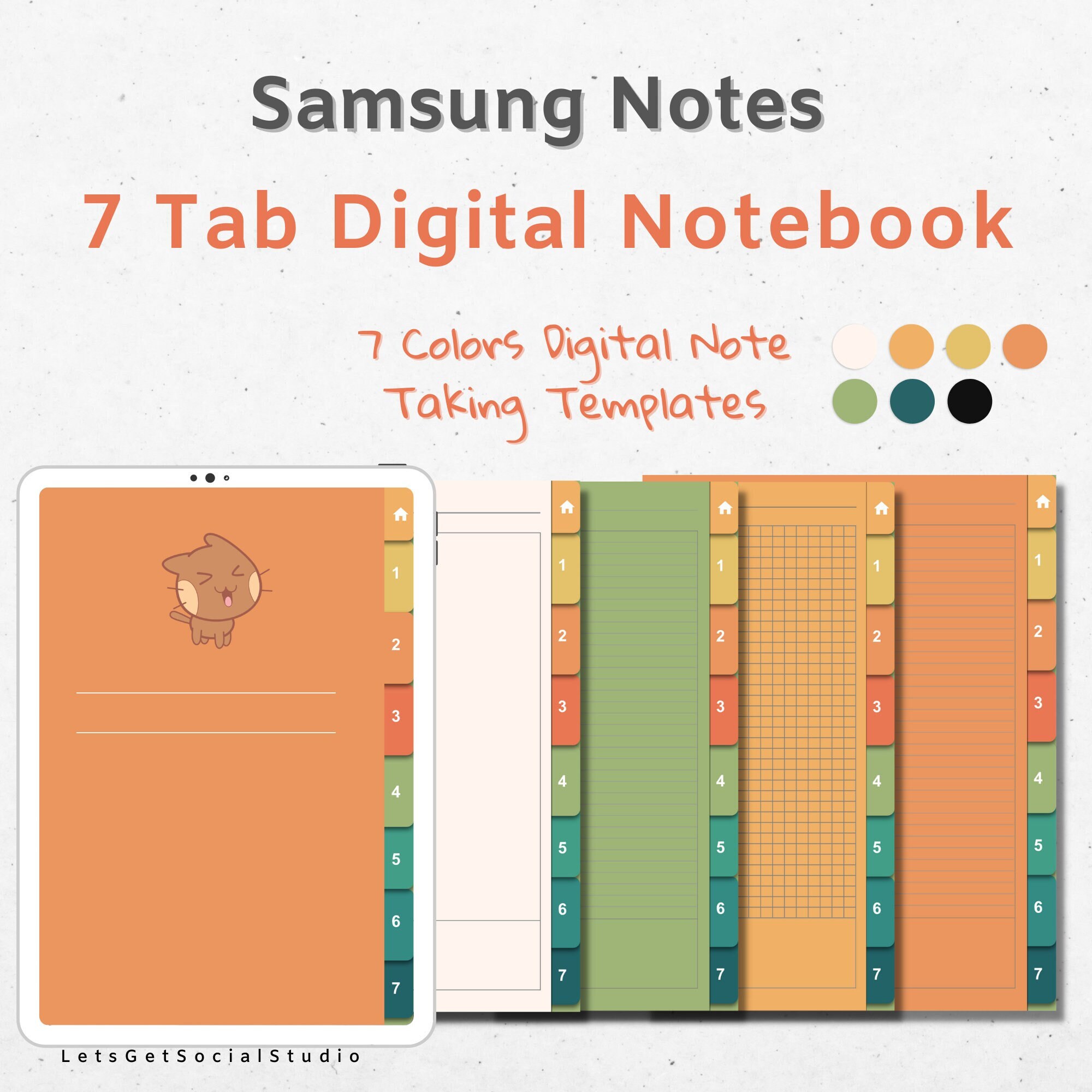 Cute Cat 7 Tab Digital Notebook Digital Cornell Notes - Etsy