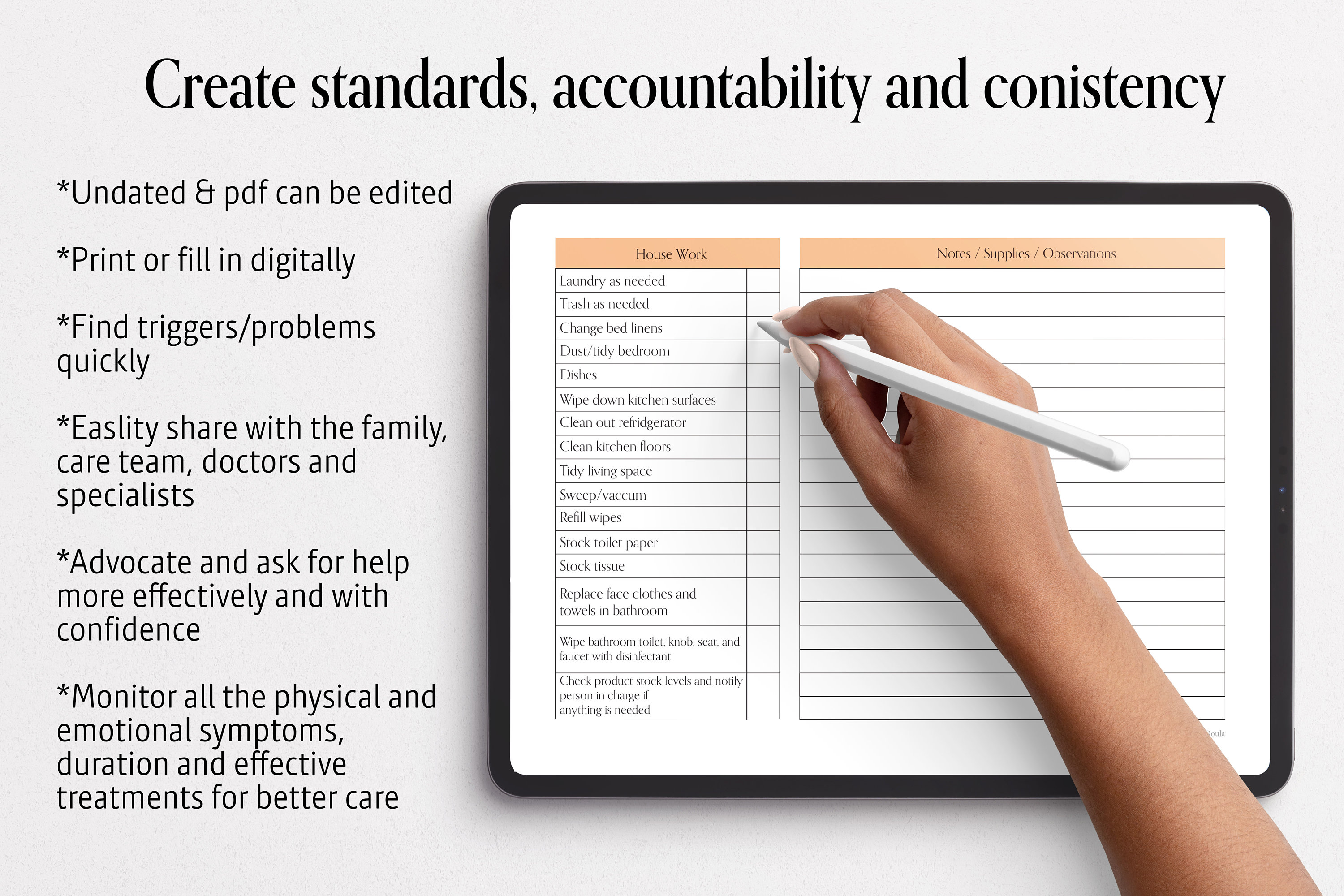 Detailed Printable Care Sheet, House Work Tracker, Caregiver Notes ...