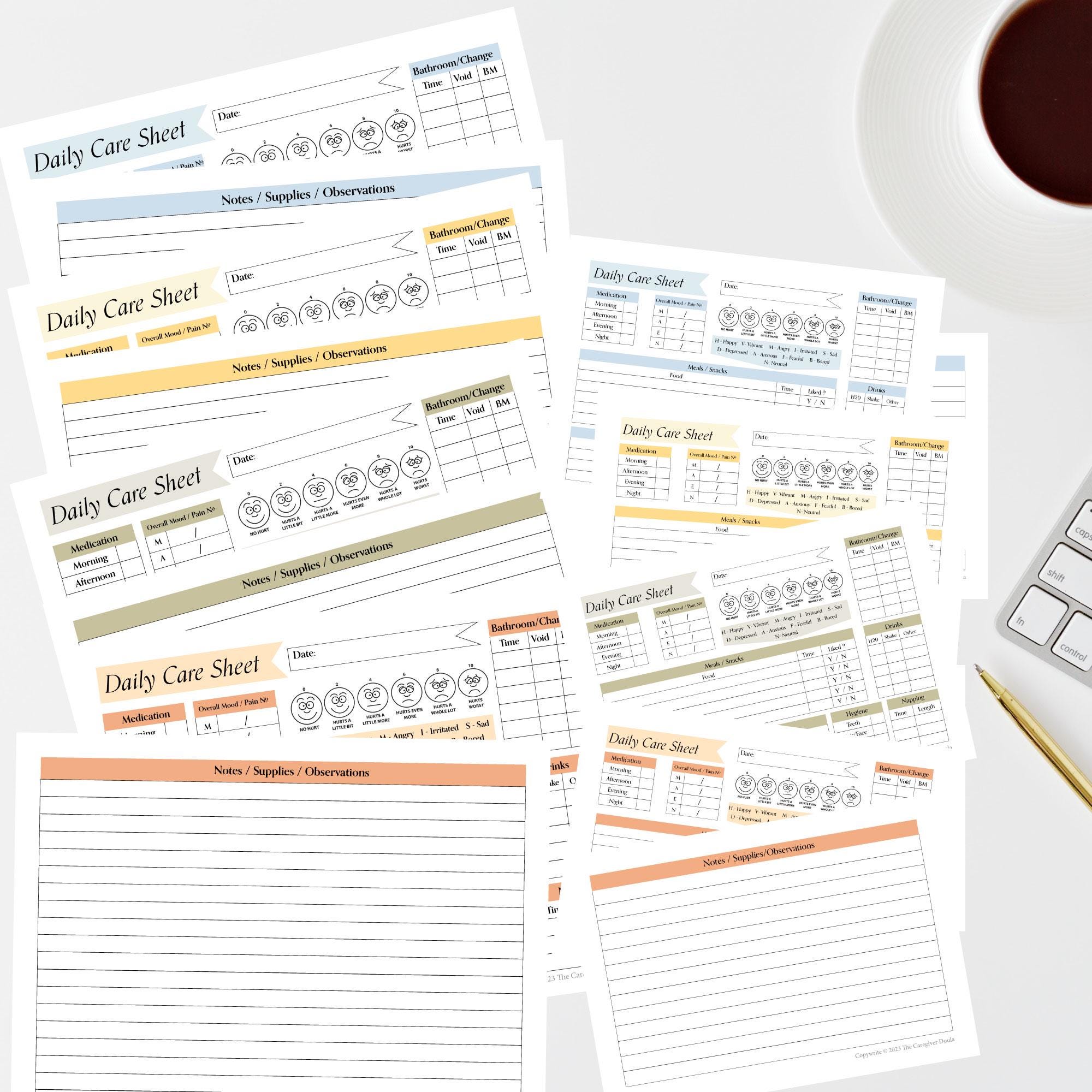 Detailed Daily Printable Care Sheet, Caregiver Sheets, Caregiver Binder ...