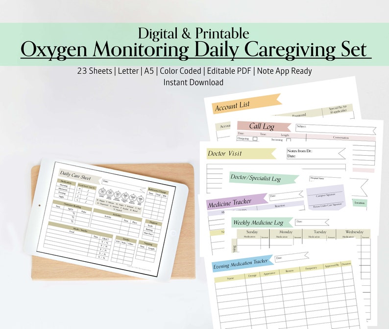 Blood Oxygen Level Printable Binder, Daily Care Sheets, Medicine ...