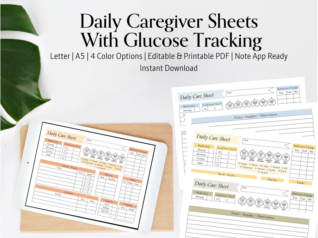 Detailed Printable Glucose Tracker Care Sheet, Letter, Respite Planner ...