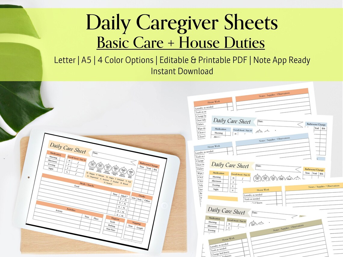 Detailed Printable Care Sheet, House Work Tracker, Caregiver Notes ...
