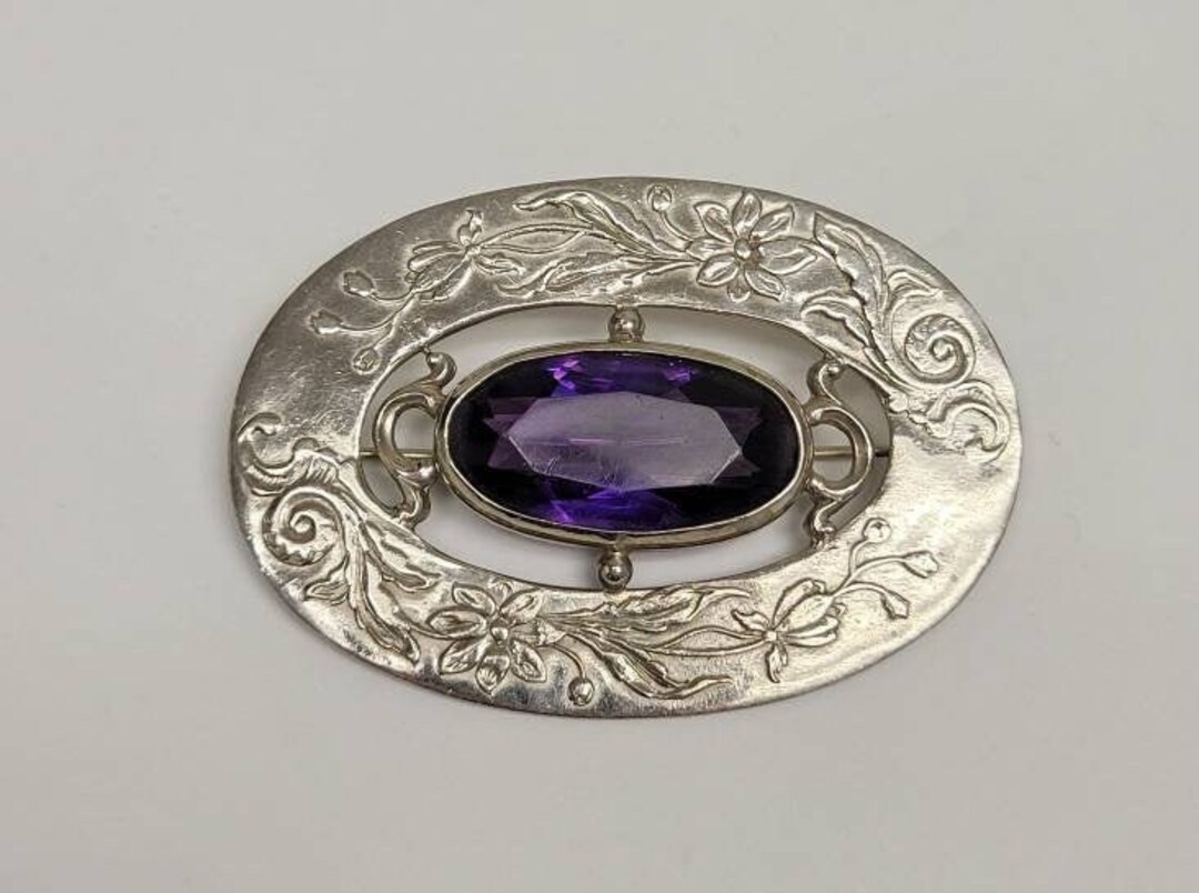 Early Coro Cohn & Rosenberger Silver Brooch With Large Paste Amethyst ...