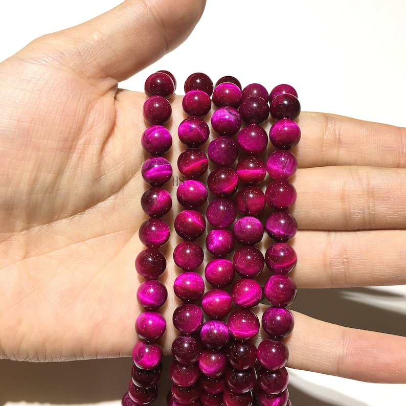 Natural Hot Pink Tiger Eye Round Beads Healing Gemstone Loose Bead DIY ...