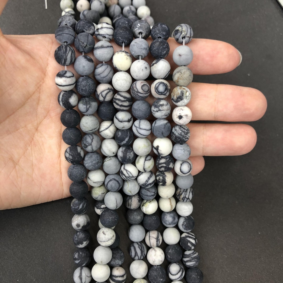 Natural Matte Black Line Website Round Stone Beads Healing Gemstone for ...