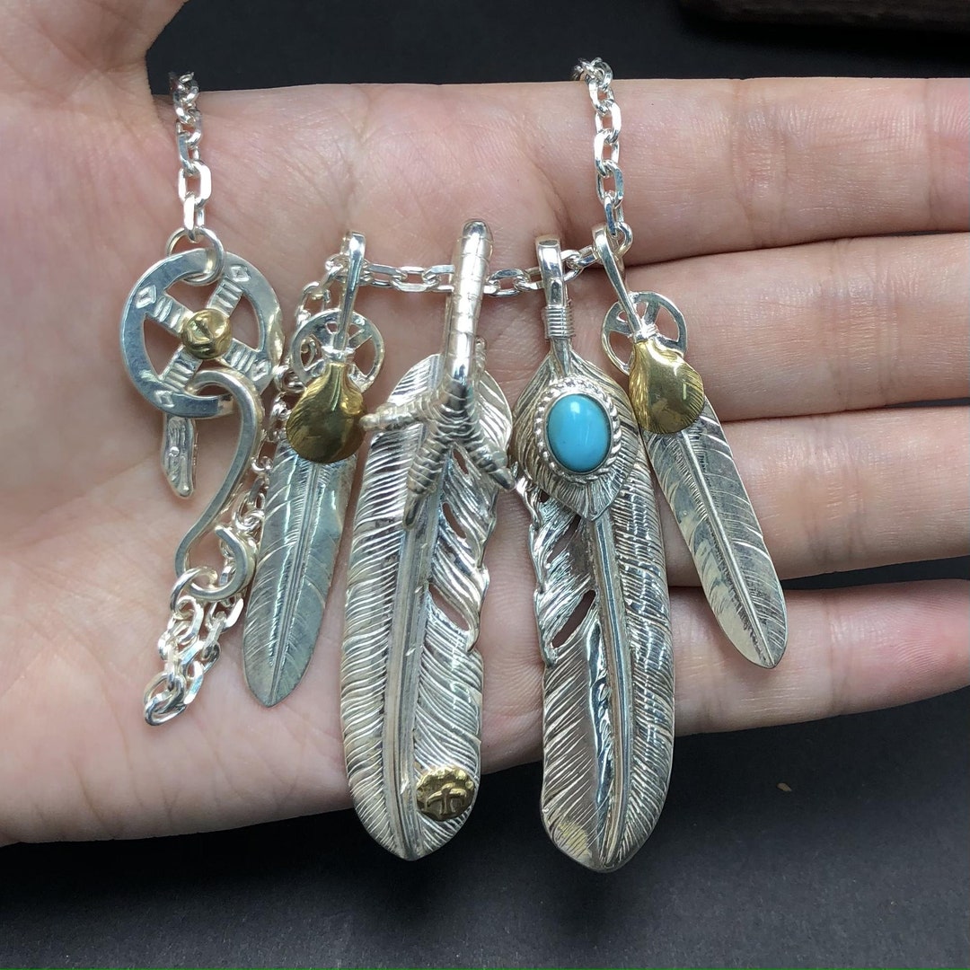 Japan Takahashi Goros Feather Bird Necklace Set Big Feathers 66x14mm Blue Turquoise 5*7mm ...