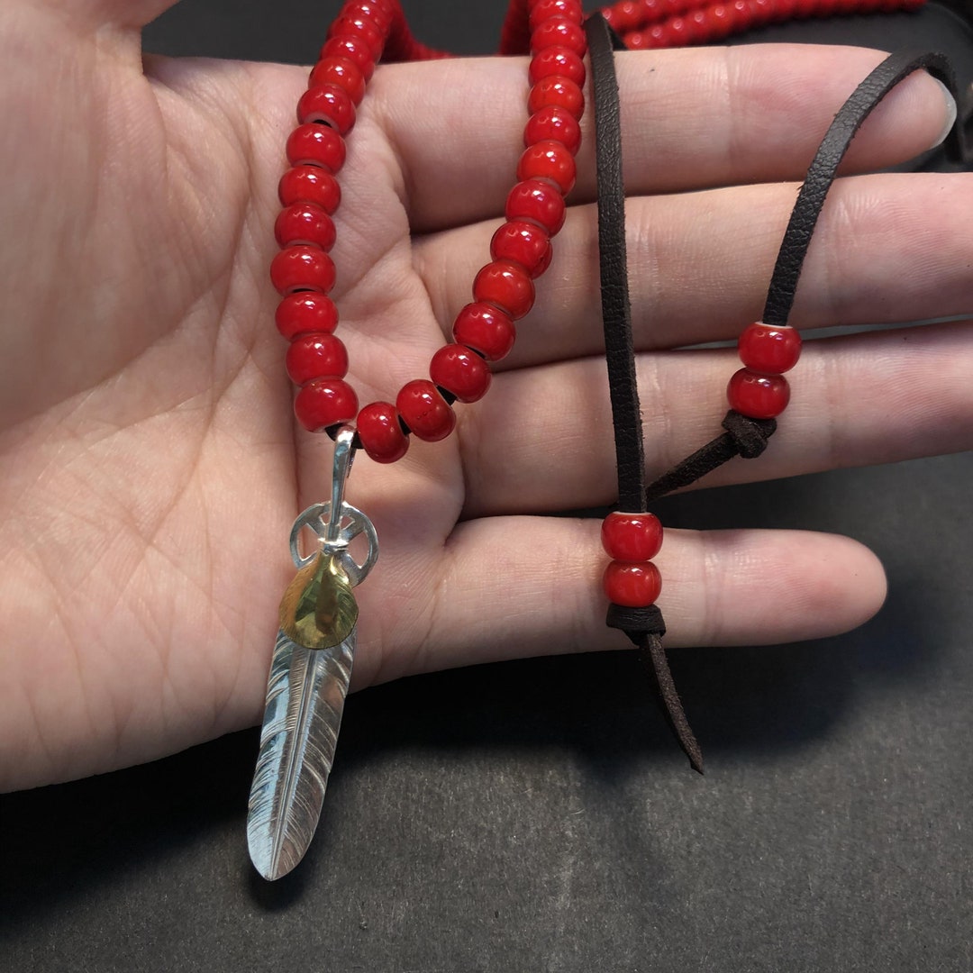 Japan Takahashi Goros Feather Bird Necklace Set Big Feathers 8x50mm Red Pandora Glass Beads 5 ...