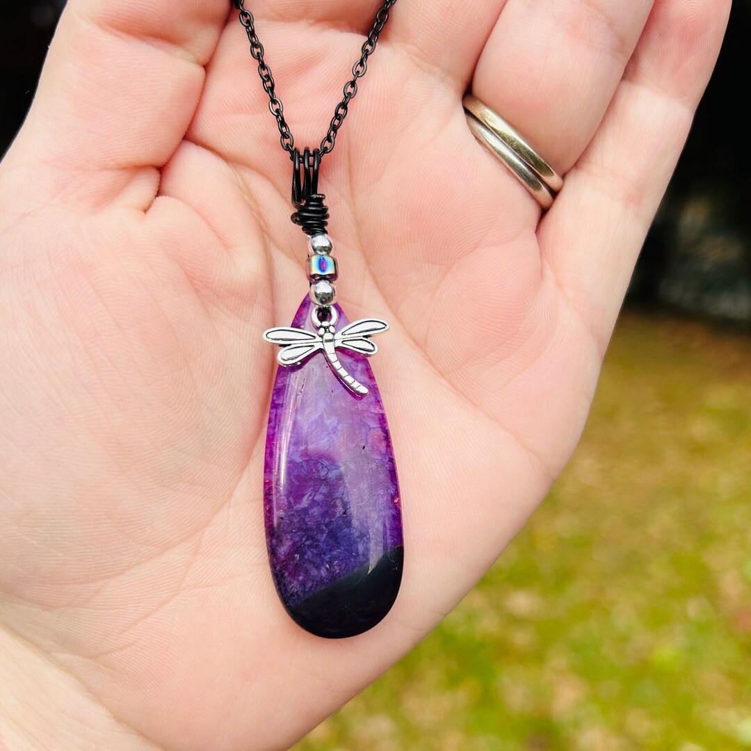 Dragonfly Pendant: Dragon Vein Agate, Silver Wire Wrapped Crystal ...
