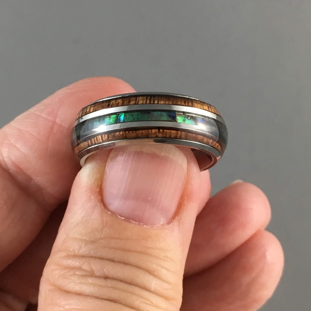 8mm Abalone & Koa Wood Ring Band, 316L Stainless Steel Couples Wedding ...