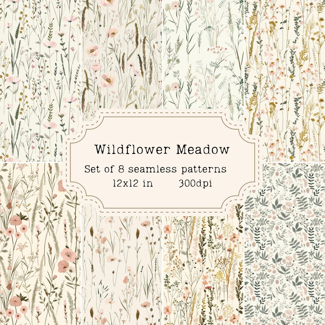 Wildflower Meadow Seamless Pattern Repeat Set, 8 Soft Vintage Florals ...