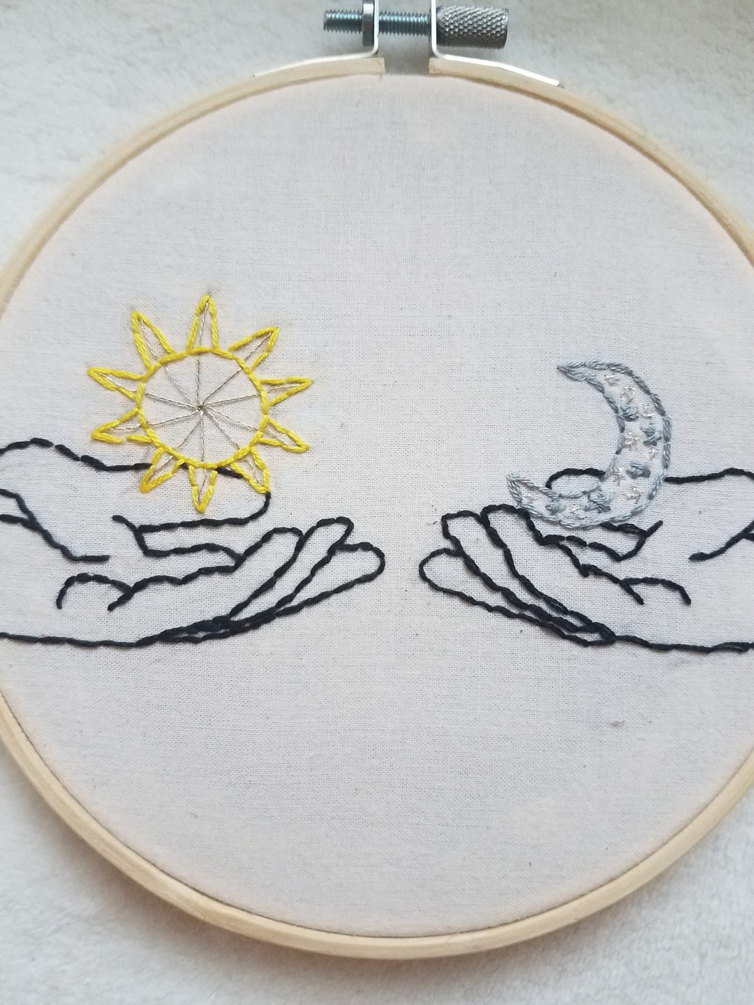 Hand Cradling Sun and Moon Embroidery Hoop - Witch, Cottage Embroidery ...