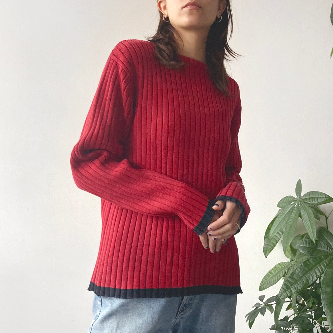 Vintage Y2K 00's 2000's Red Unisex Oversized Baggy Ribbed Knit Jumper ...