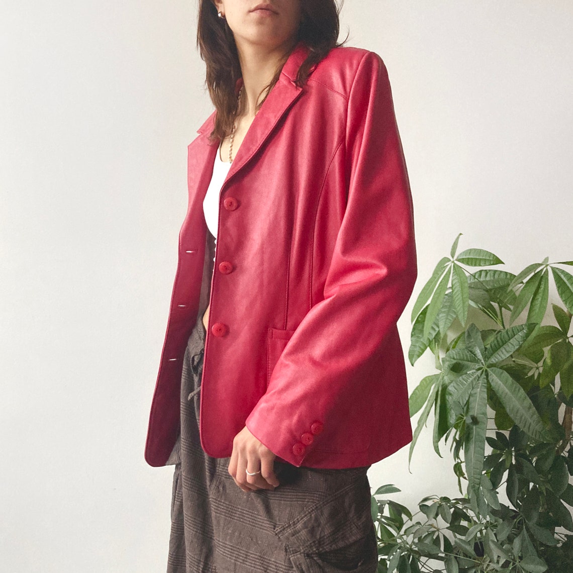 Vintage 00's 2000's Y2K Autumn Pink Basic Classic Real Button up Single ...