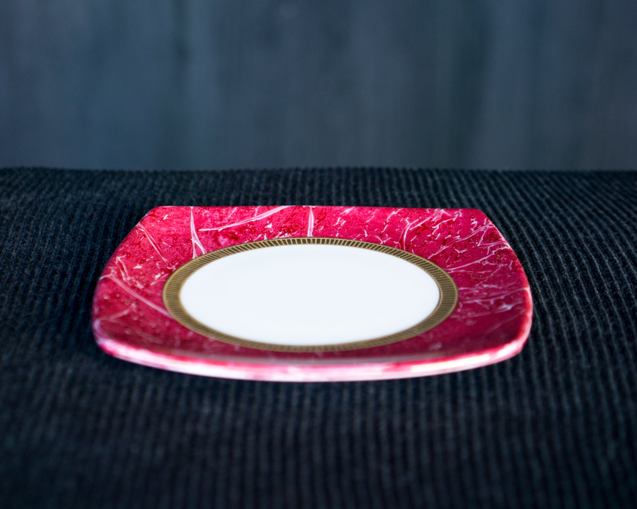 Hand Painted Ruby Red Porcelain Bread Plate. Marbled Personalized Side ...