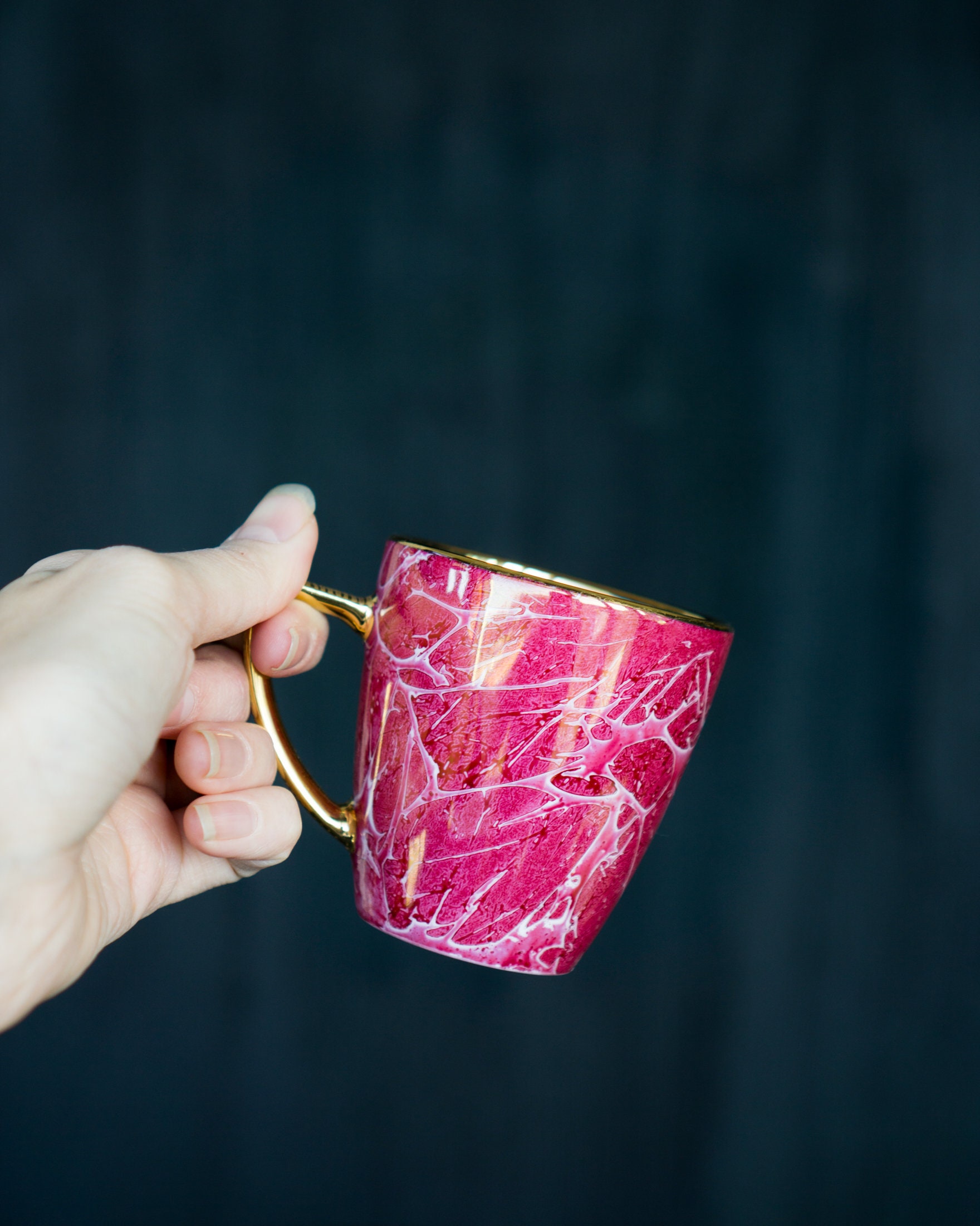 Hand Painted Porcelain Mug With Saucer. Stylish Personalized Ruby Red ...