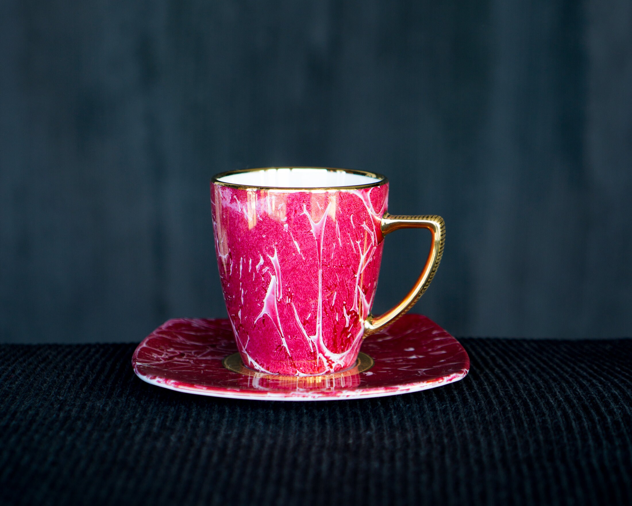 Hand Painted Porcelain Mug With Saucer. Stylish Personalized Ruby Red ...