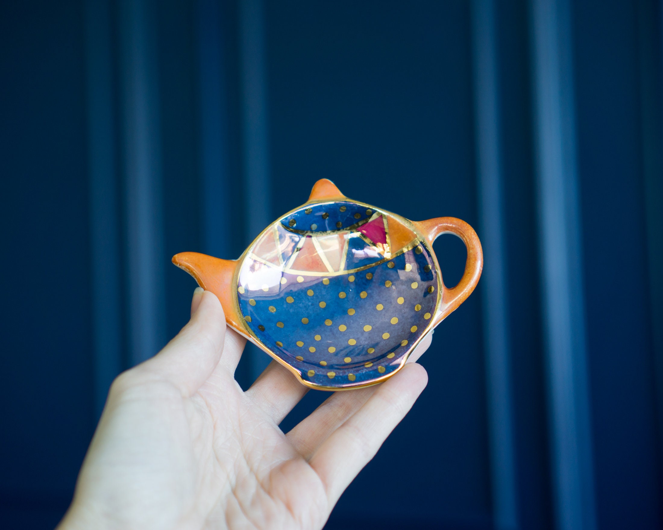 Hand Painted Porcelain Tea Bag Holder. Blue Teapot Shaped Geometrically ...