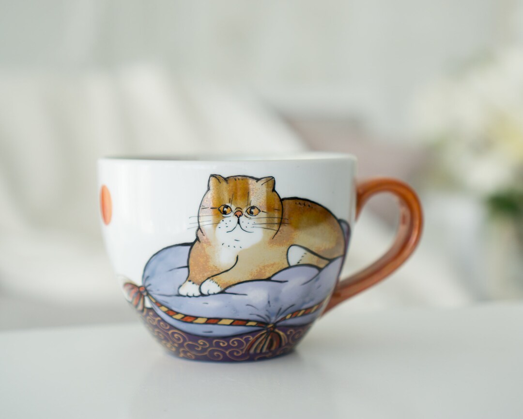 Hand Painted Porcelain Cat Mug. Cute Cozy Personalized Custom Design ...