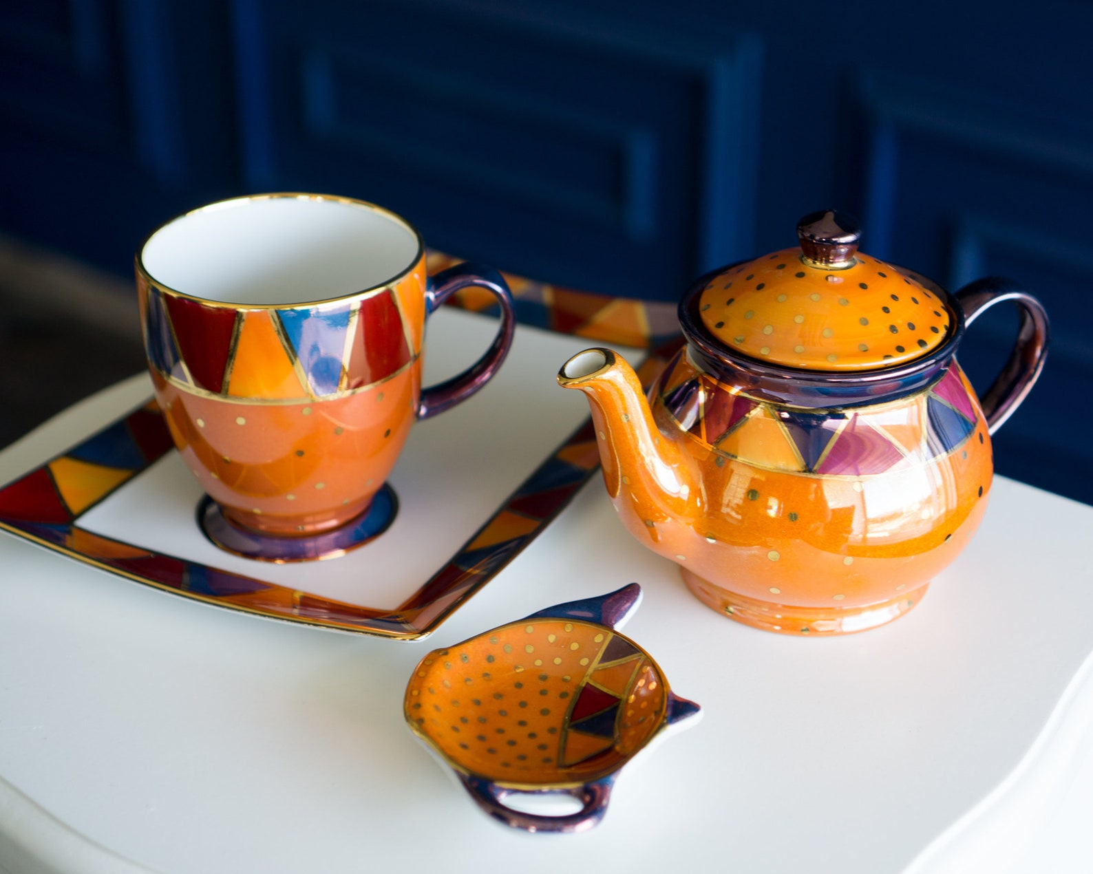 Hand Painted Porcelain Tea Bag Holder. Orange Teapot Shaped ...