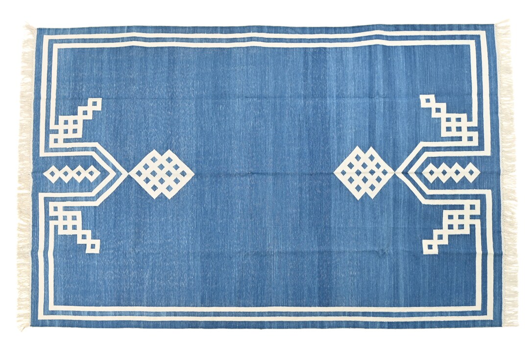 Indigo Ink Blue and White Modern Handmade Cotton Area Rug| Indian ...