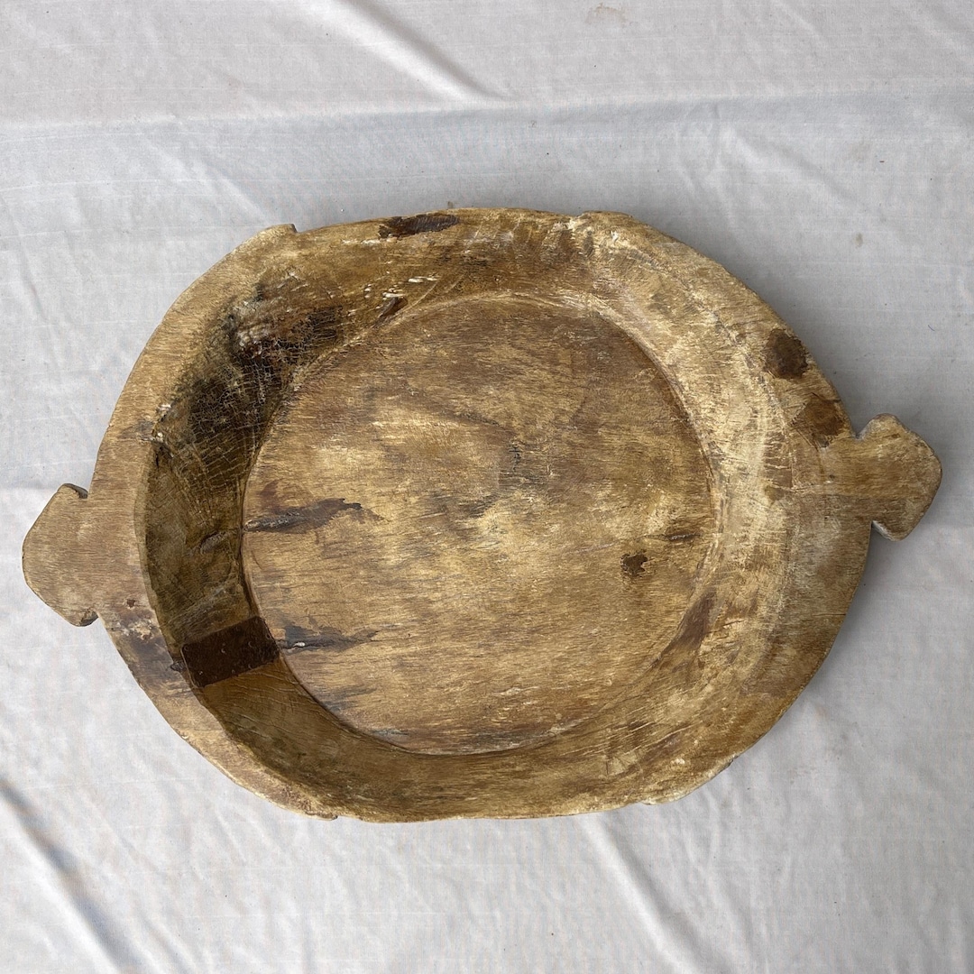 Hand Carved Teak Wood Dough Bowl, Vintage Indian Parat Tray, Rustic ...