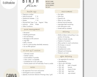 VISUAL BIRTH PLAN, Editable & Printable Natural Birth Preference Canva ...